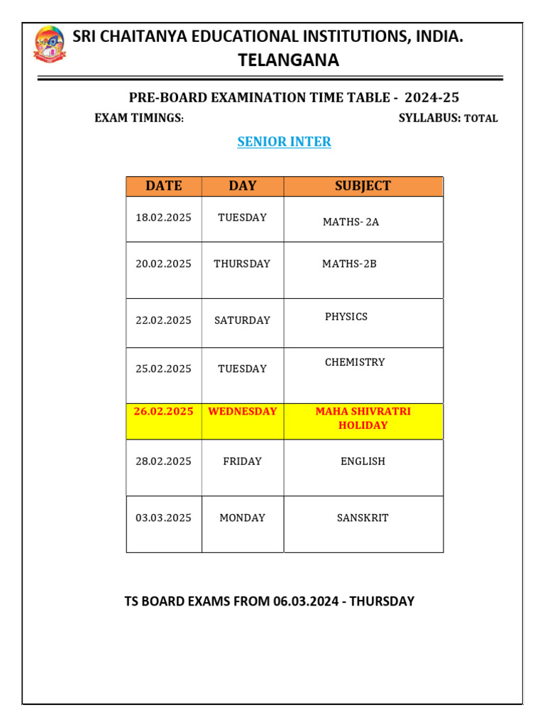 TS SR - Pre Pre-Board - Exam Time Table-2024-25 | PDF