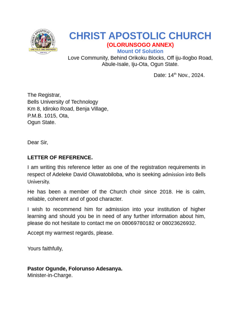 Referemce Letter For David Adeleke | PDF
