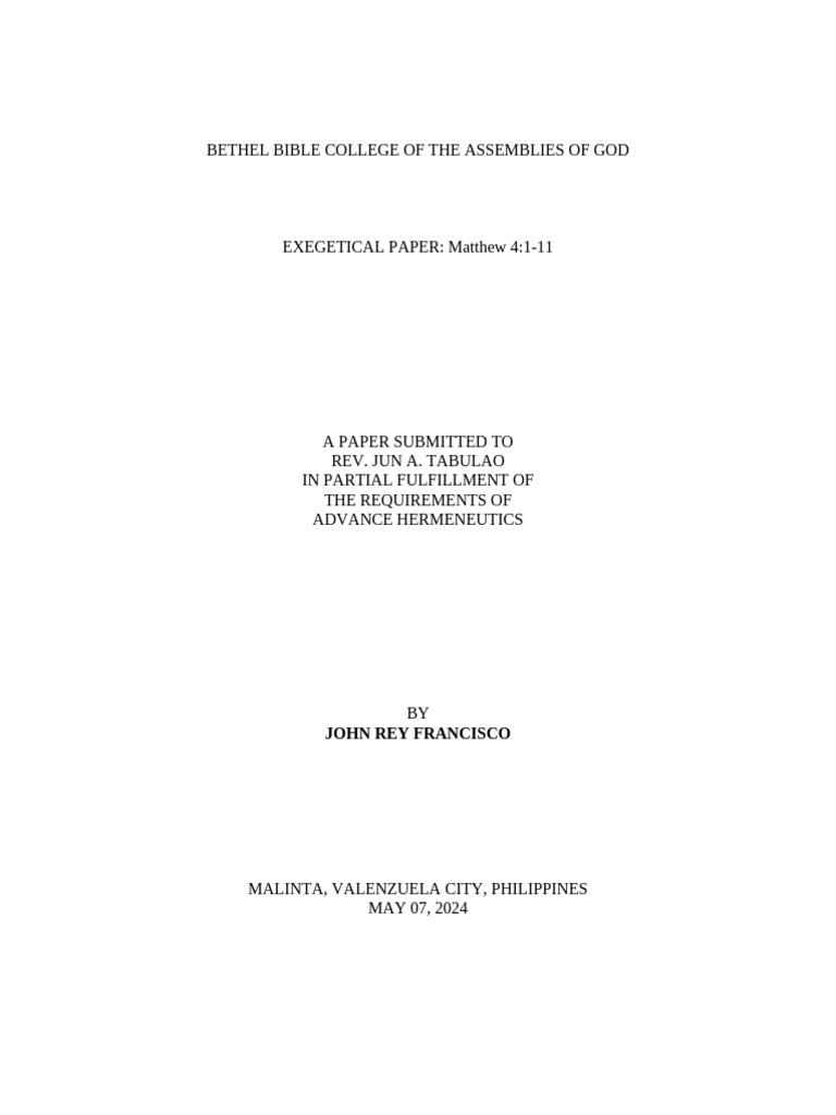 EXEGETICAL PAPER: Matthew 4:1-11 | PDF | Gospel Of Matthew | Jesus