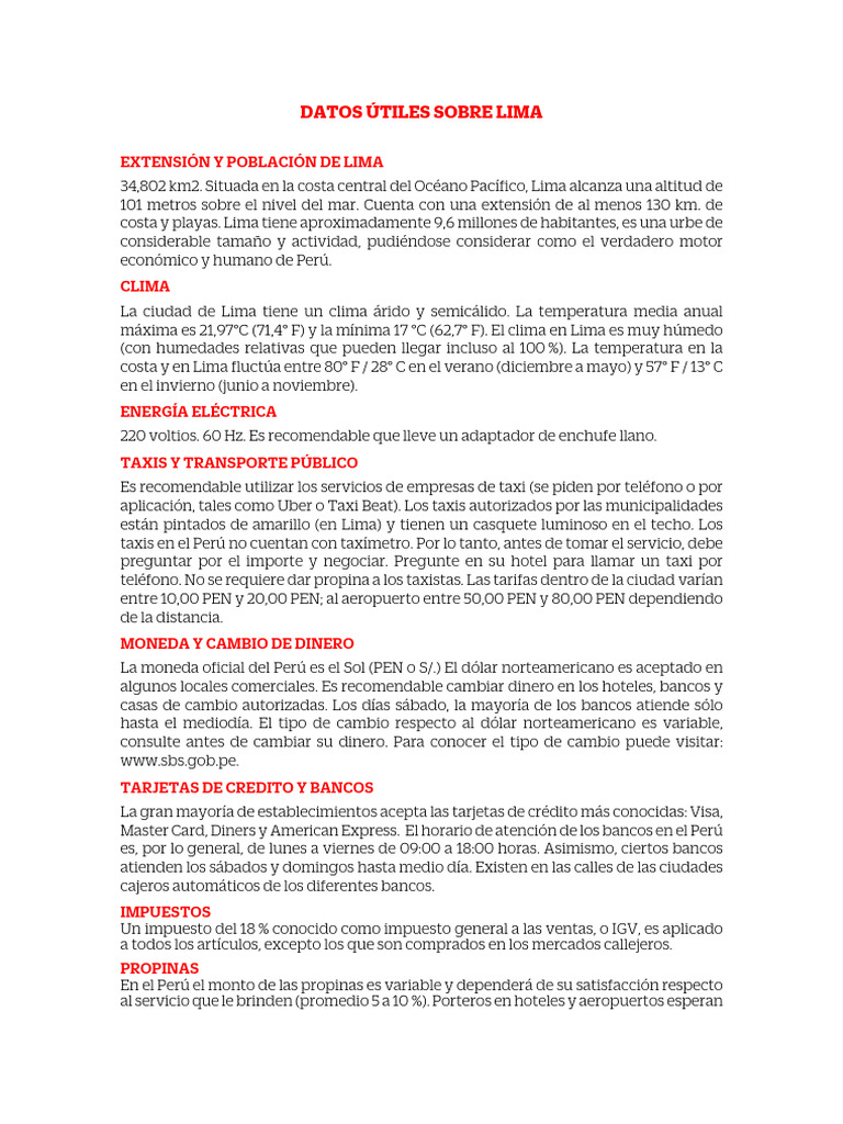 Guía Completa de Lima: Datos Útiles | PDF | Lima