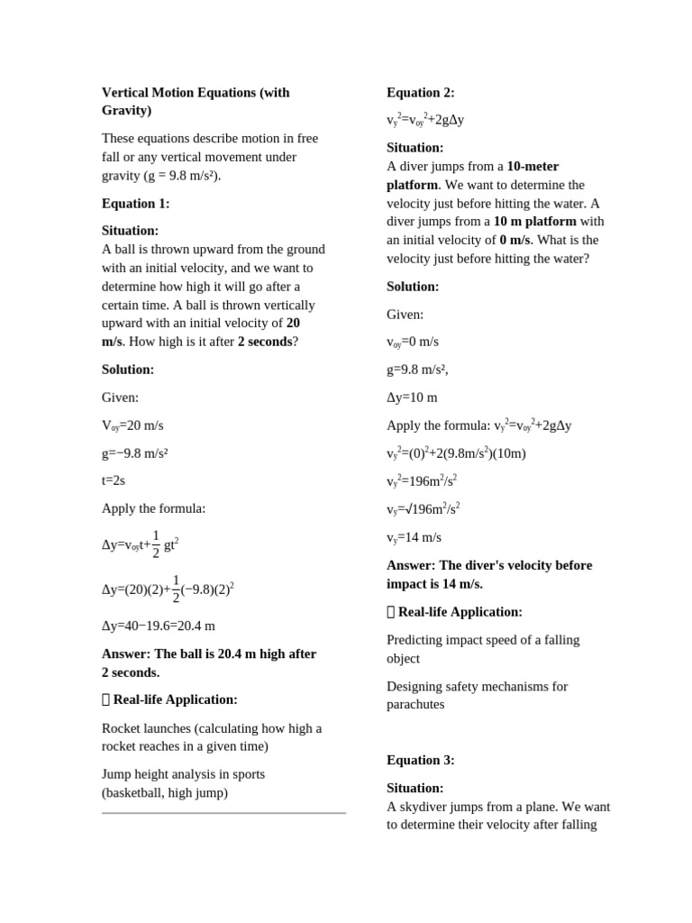 Vertical and Horizontal Motion Equations | PDF | Acceleration | Velocity