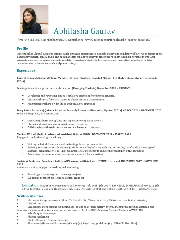 Abhilasha Gaurav New CV | PDF | Pharmacovigilance | Clinical Trial