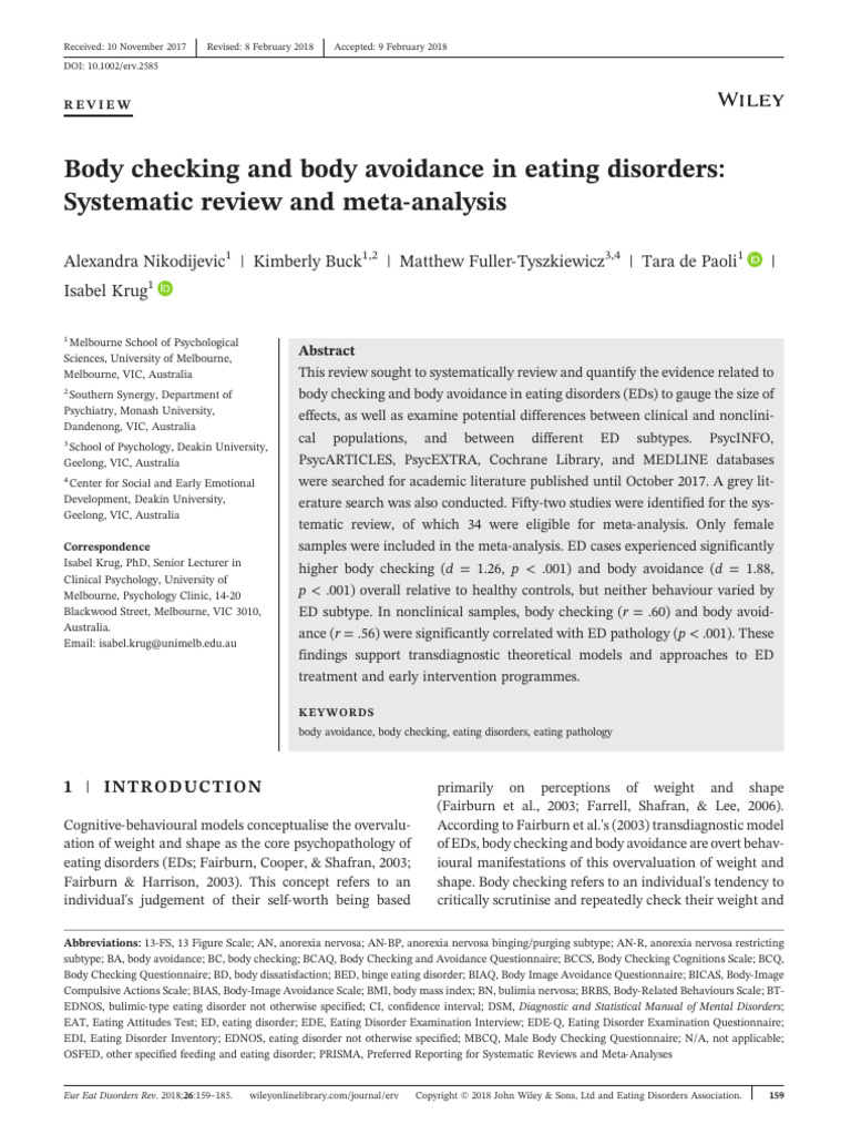 Body Checking and Body Avoidance in Eating Disorders Systematic Review ...