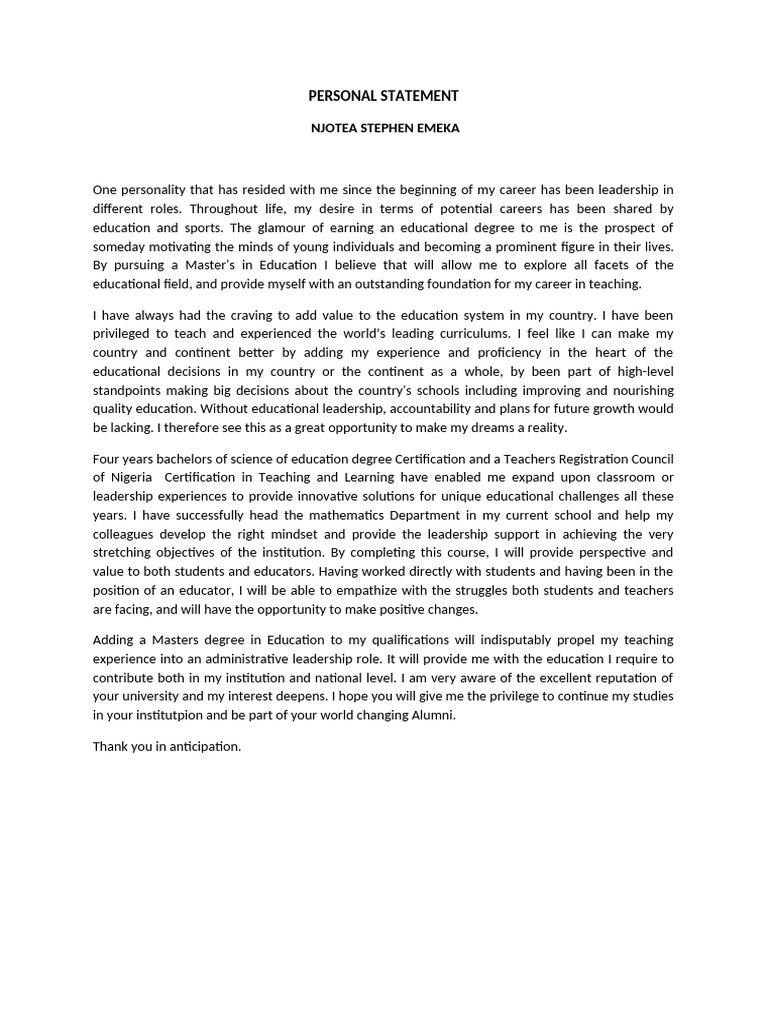 Leadership in Education: Personal Statement | PDF | Teachers | Leadership