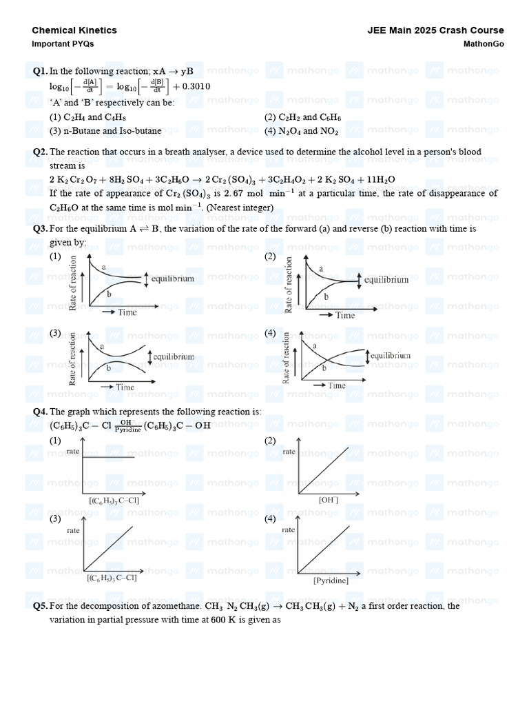 Important PYQs - Chemical Kinetics - Removed | PDF | Activation Energy | Chemical Reactions