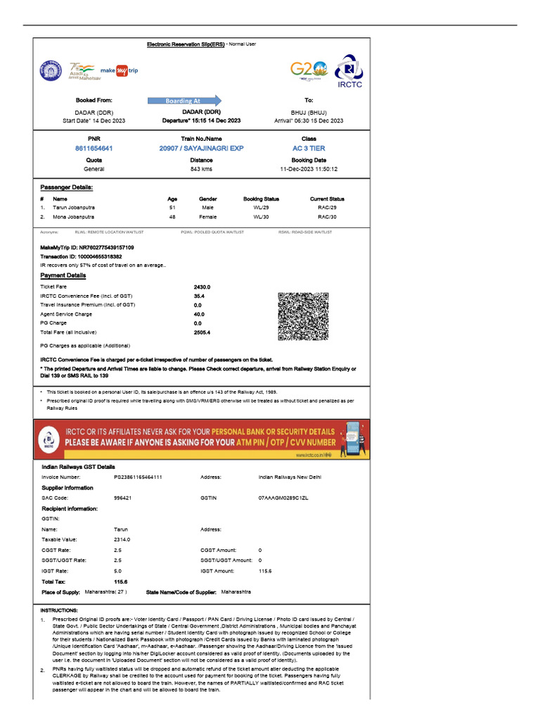 Electronic Reservation Slip for Train Booking | PDF | Identity Document ...