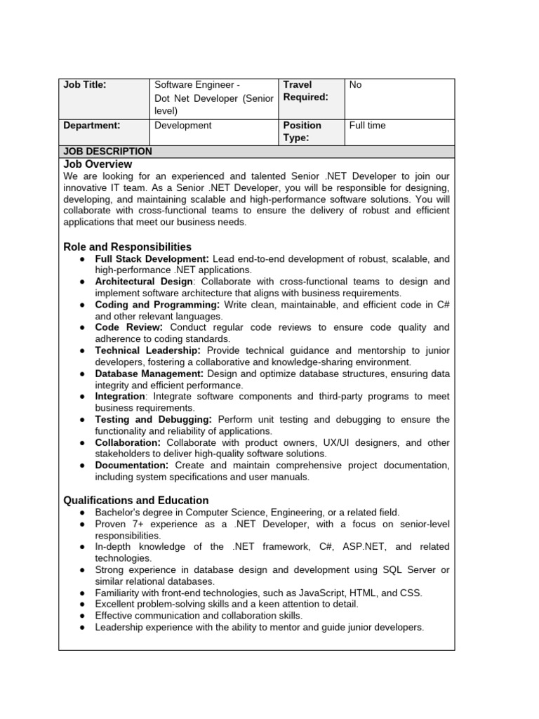 Job Description - Senior Software Engineer - Dot Net (Senior) | PDF | Software Development ...