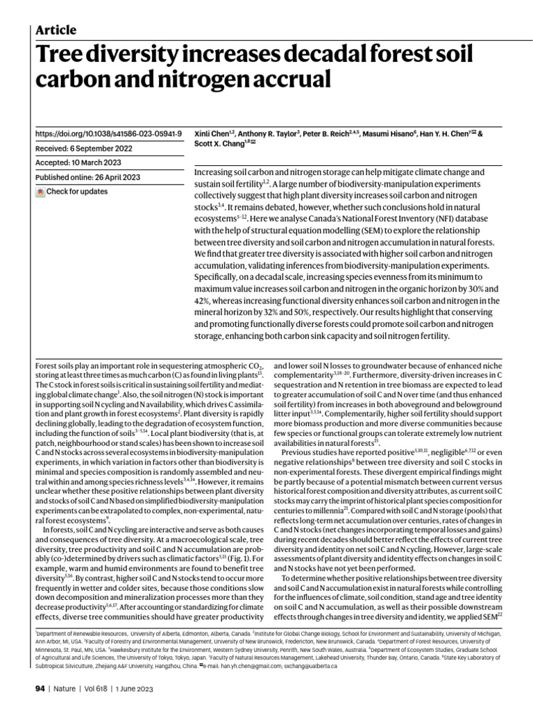 Tree Diversity Increases Decadal Forest Soil Carbon and Nitrogen Accrual | PDF | Soil | Carbon ...