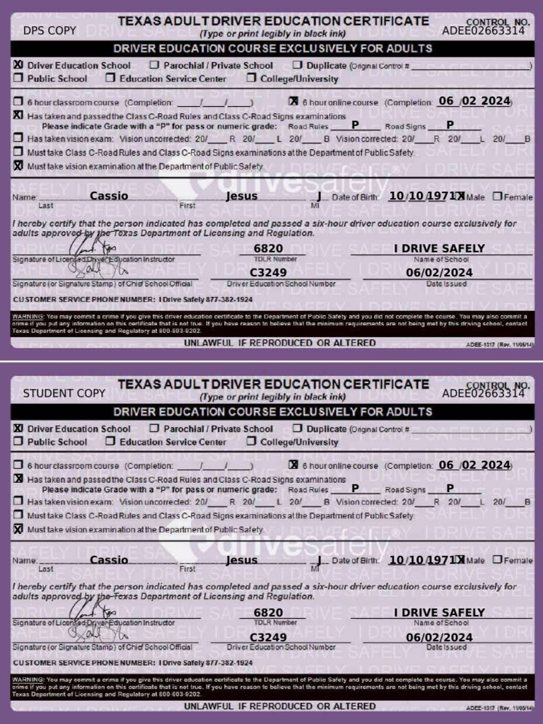 Drivers Ed Cert | PDF