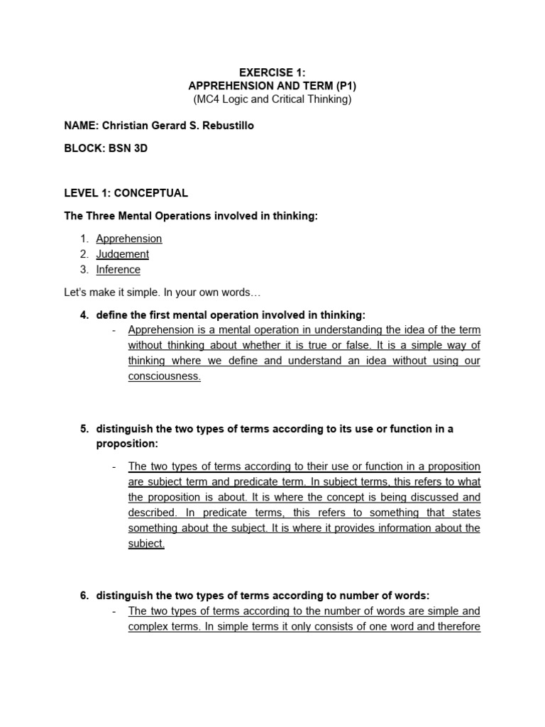 Exercise 1 - Apprehension and Term - Rebustillo, Christian Gerard S - bsn3d | PDF | Thought ...