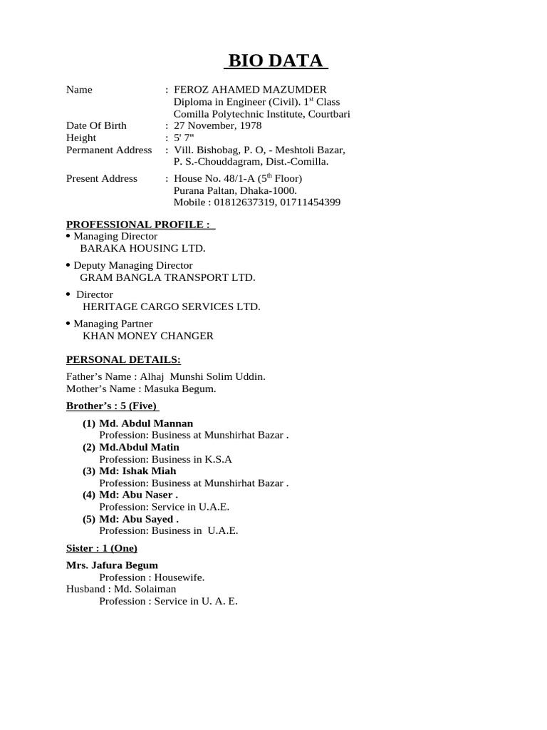 Bio Data Resume | PDF | Bangladesh | Dhaka