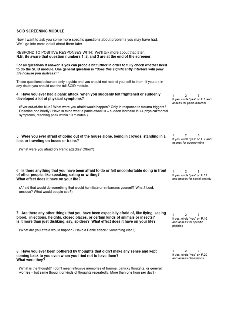 SCID Screening Module Guide | PDF | Mood Disorders | Psychological Trauma