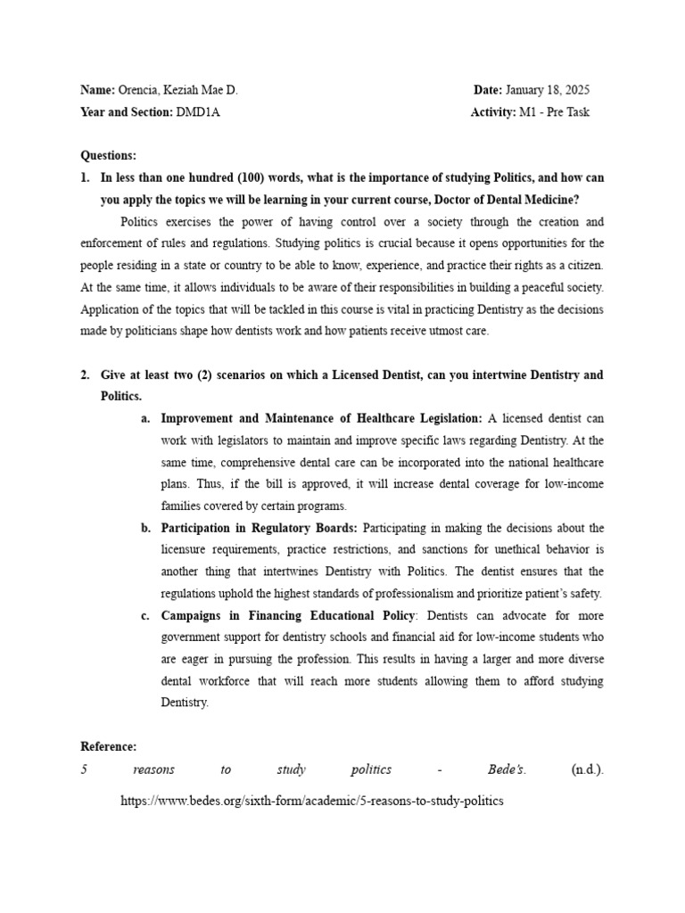 Orencia, Keziah Mae D - DMD1A - M1 - Pre Task | PDF | Dentistry | Dentist