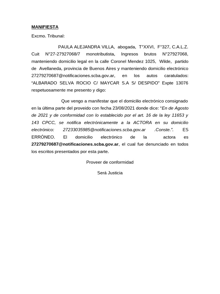 Manifiesta ( error de domicilio) | PDF