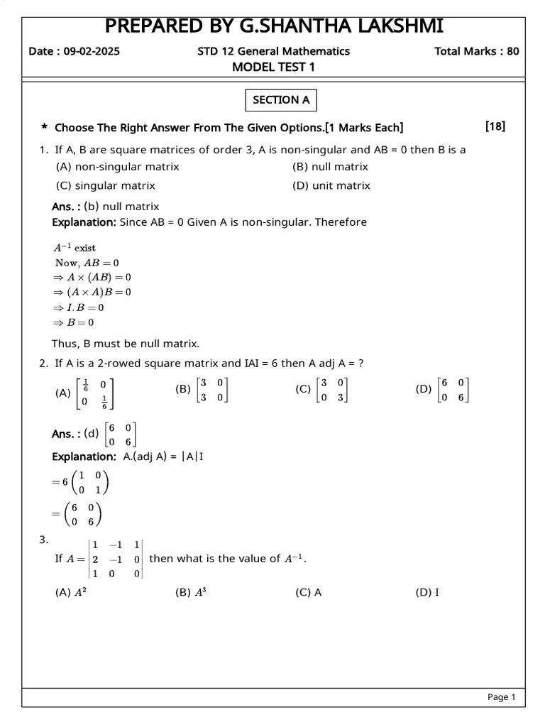 12 Model Paper 1 Solution | PDF | Matrix (Mathematics) | Mathematics