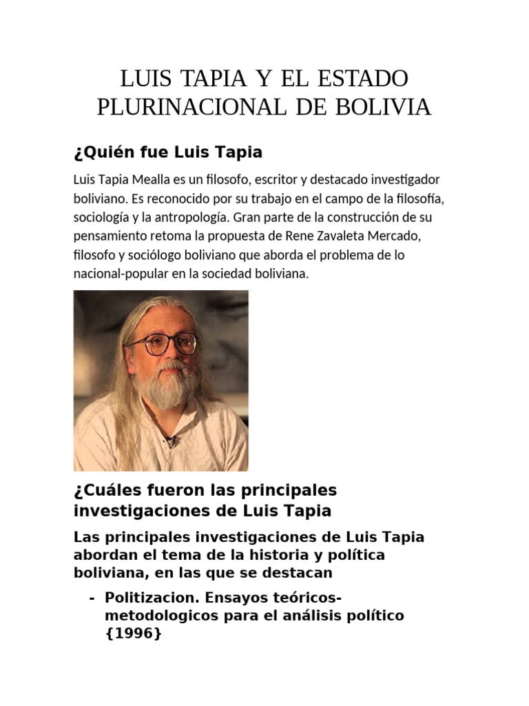Luis Tapia: Filosofía y Plurinacionalidad | PDF | Bolivia | Estado ...