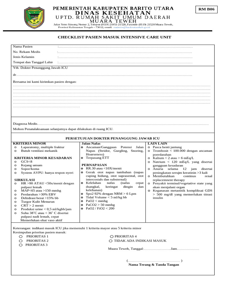 Checklist Masuk Pasien ICU Lengkap | PDF