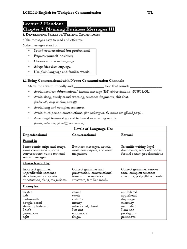 LCH2010 L3 Ch2 Planning Business Messages III (WL) Handout | PDF ...