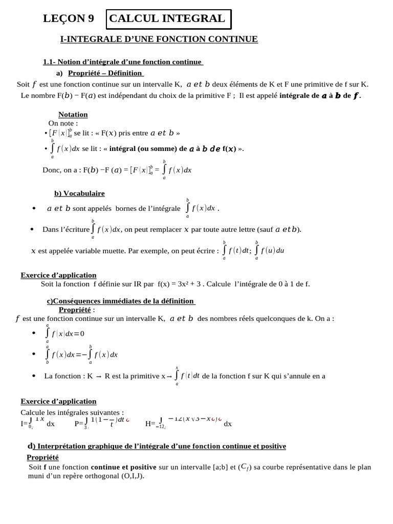 Lecon 9 Calcul D'integrale | PDF | Intégral | Fonction (Mathématiques)
