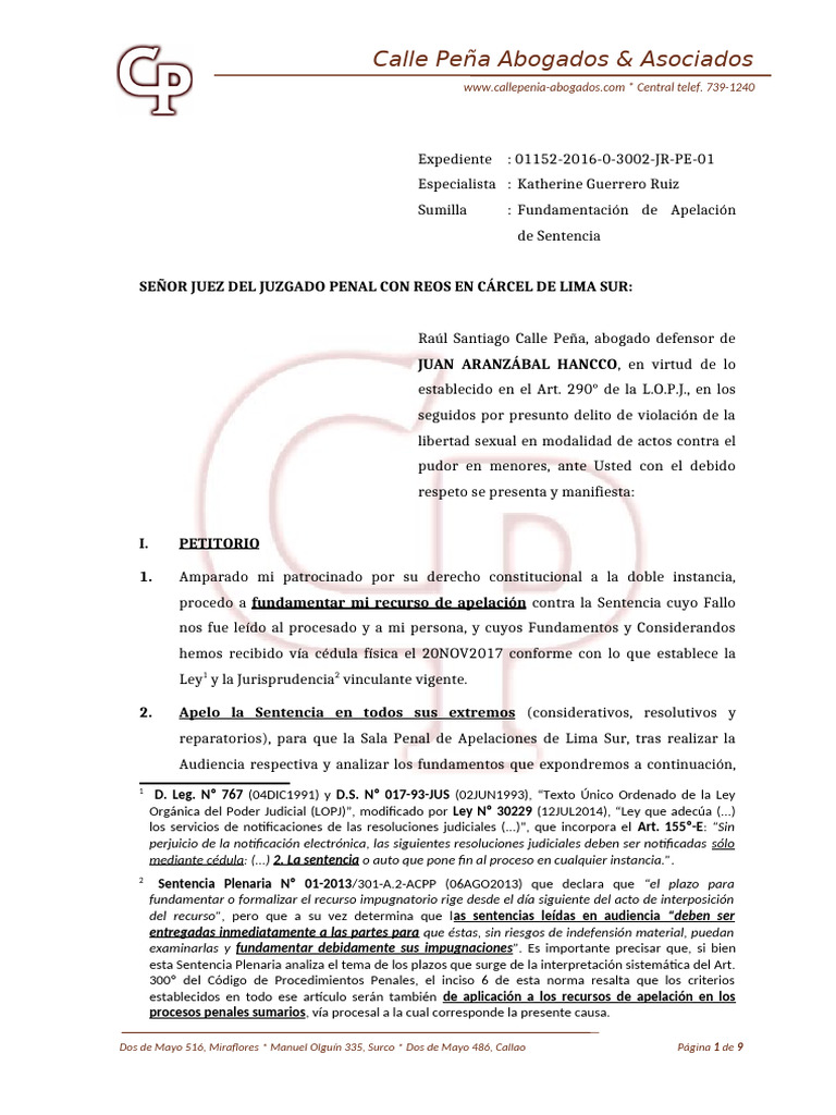 Apelacion de Sentencia Condenatoria Por Tocamientos Indebidos | PDF | Caso de ley | Apelación