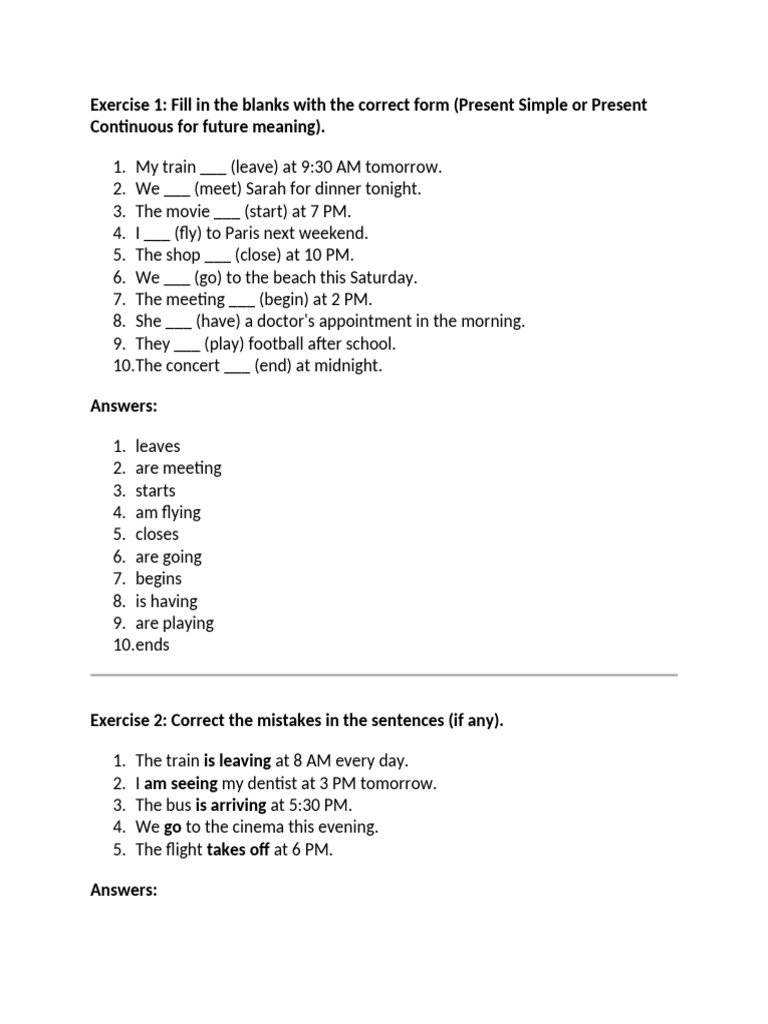 Exercise 1 Present and Present Continuous To The Future Tense | PDF