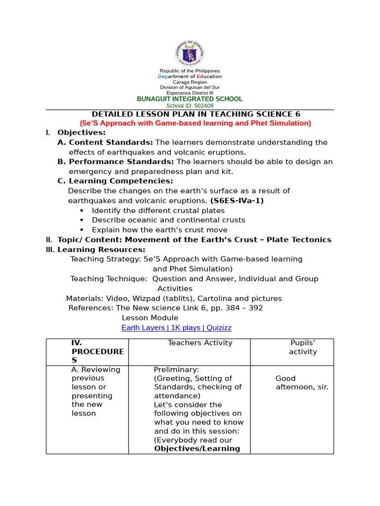 Detailed Lesson Plan in Teaching Science 6 | PDF | Plate Tectonics ...