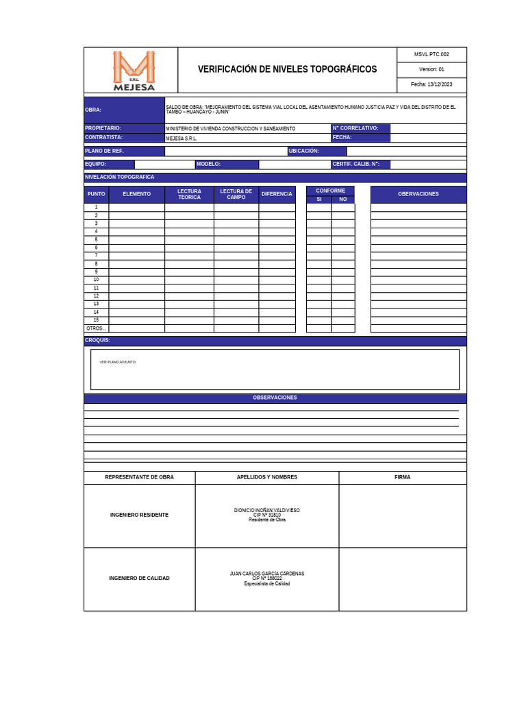 MSVL - PTC.002 Verificacion de Niveles Topograficos | PDF