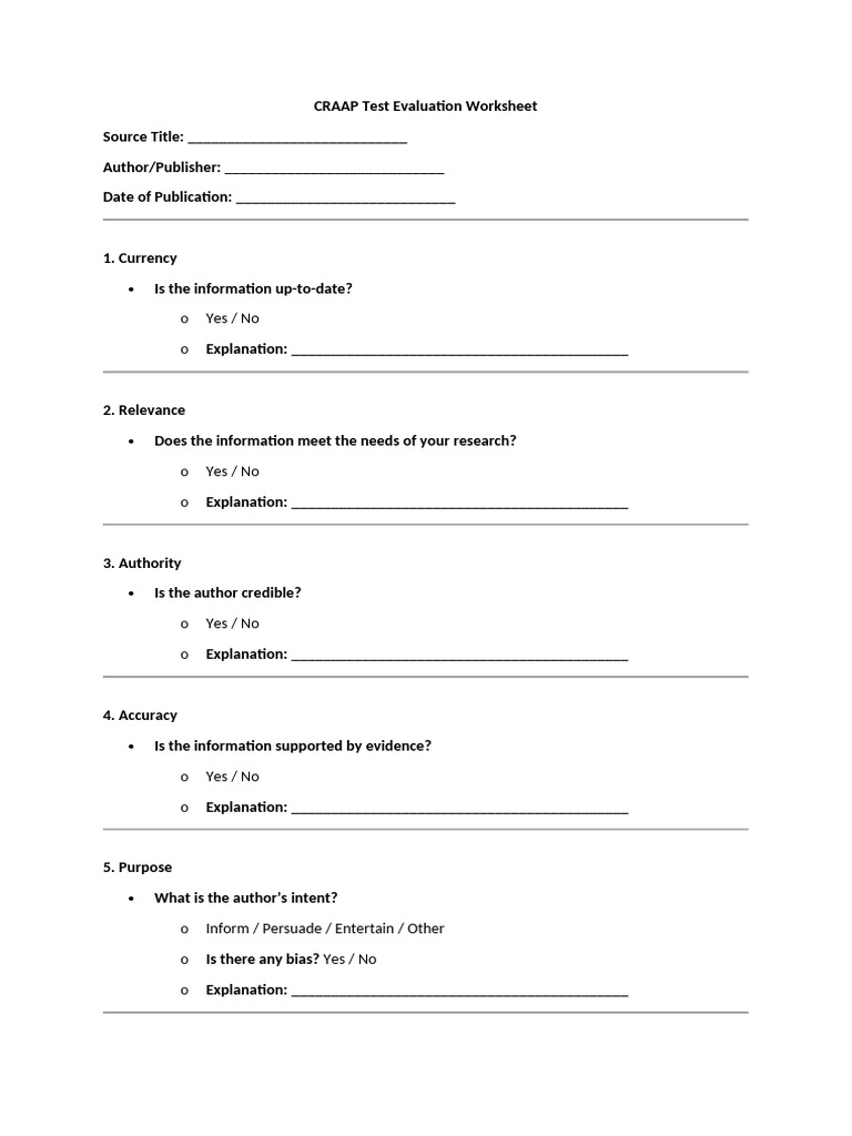 CRAAP Test Evaluation Worksheet 2 | PDF
