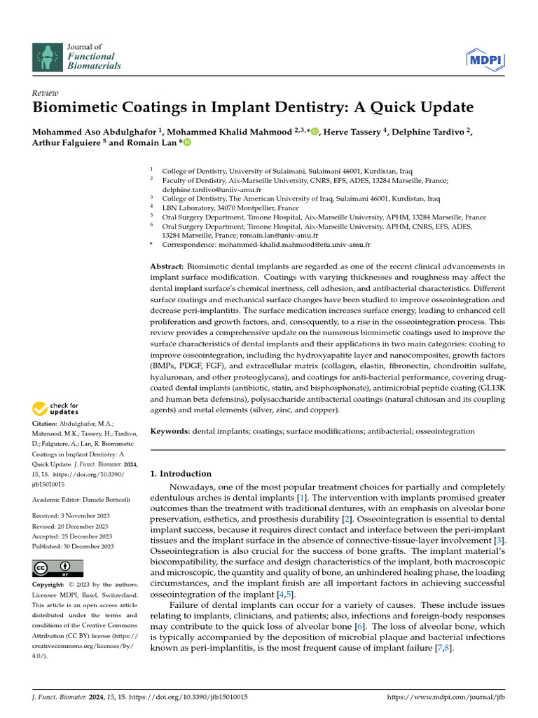 Biomimetic Coatings in Implant Dentistry- A Quick Update | PDF | Dental ...