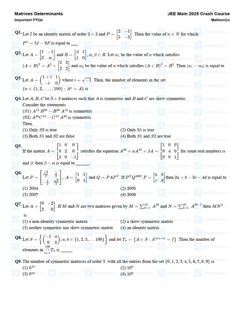 Important PYQs - Matrices Determinants - Removed | PDF | Matrix (Mathematics) | Determinant
