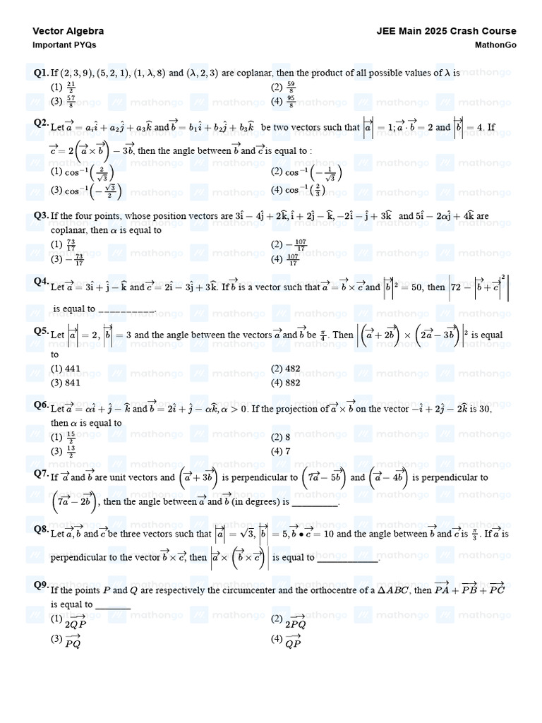 Important PYQs - Vector Algebra_removed | PDF | Area | Euclid