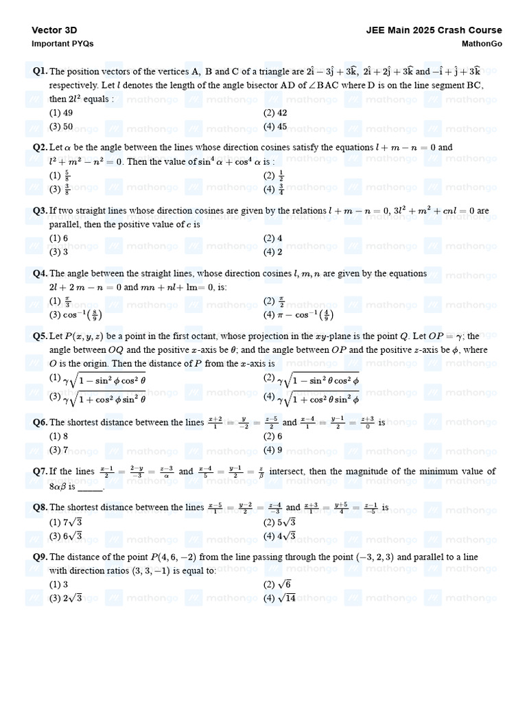 Important PYQs - Vector 3D - Removed | PDF | Line (Geometry) | Euclid