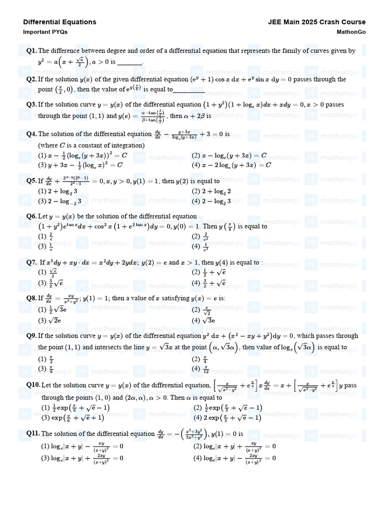 Important PYQs - Differential Equation_removed | PDF | Mathematical Concepts | Equations
