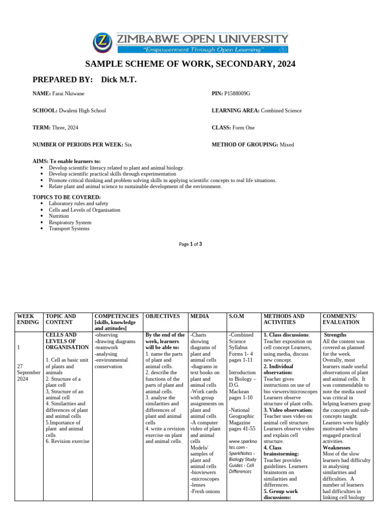 Sample Scheme of Work, Secondary, 2024 | PDF | Learning | Science