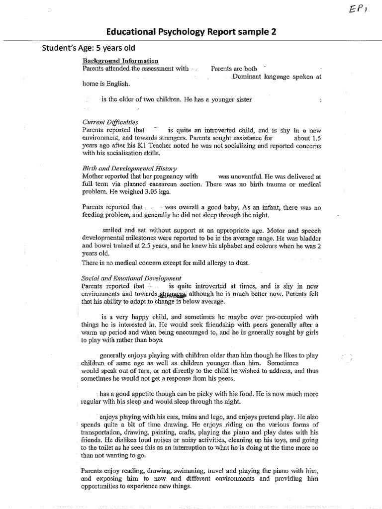 EP Report Sample 2 - 5 Yr Old | PDF