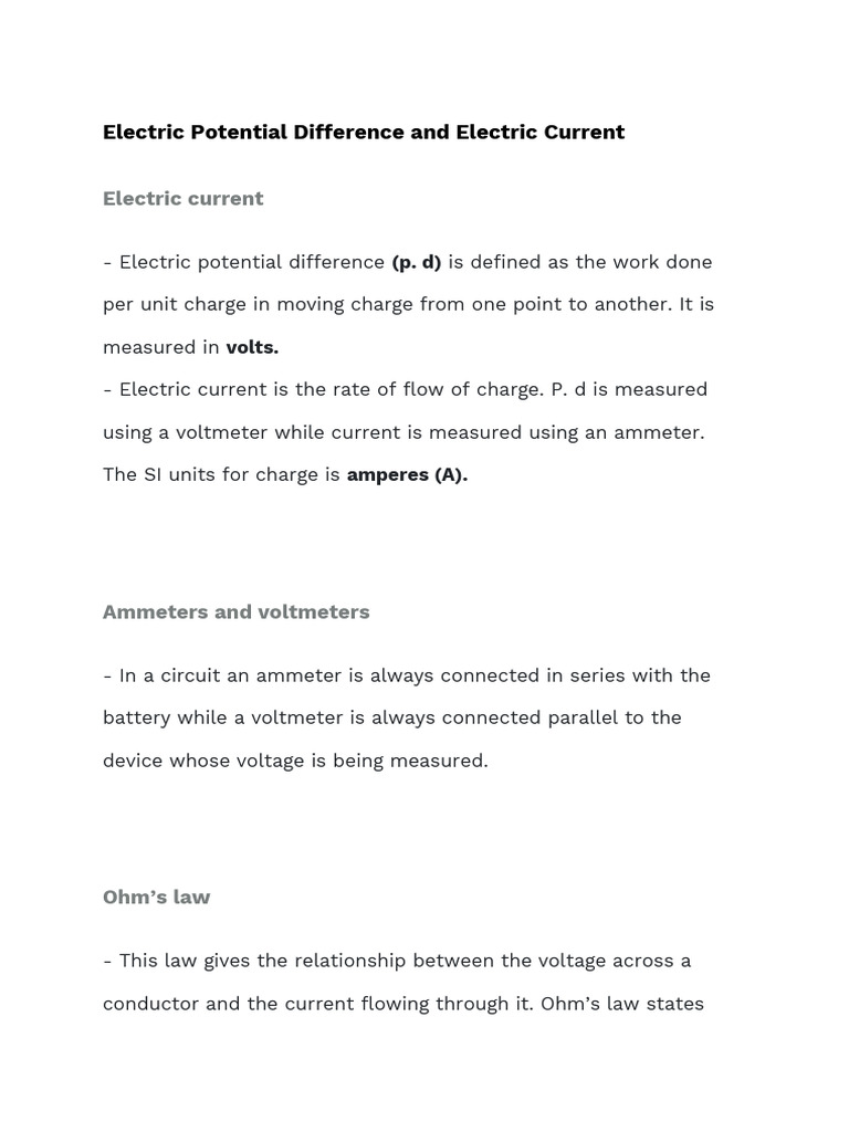 Electric Potential Difference and Electric Current | PDF | Voltage ...