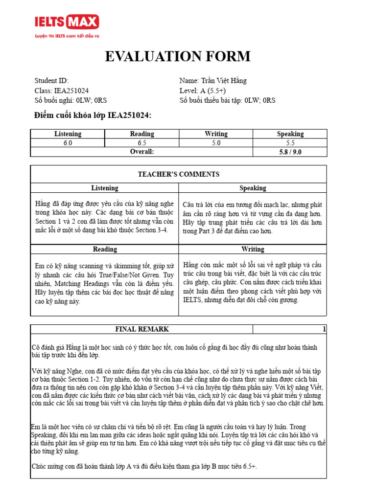 Trần Việt Hằng-Evaluation-Form-Class-A | PDF