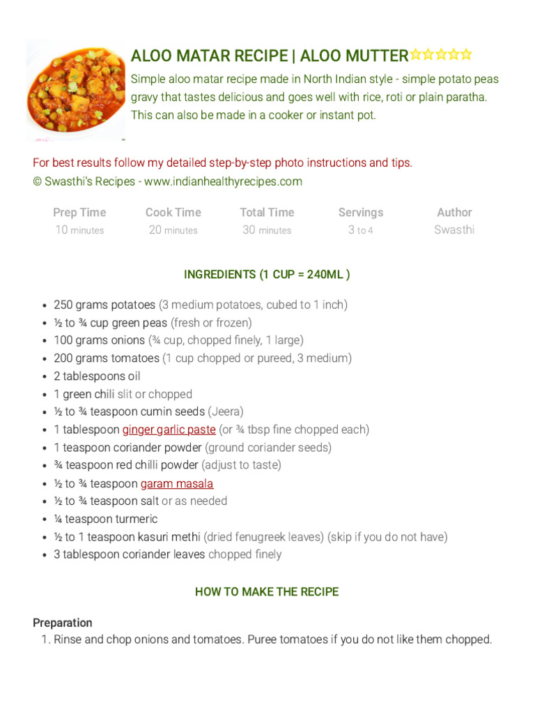 Aloo Matar Recipe: North Indian Style | PDF | Coriander | Indian Cuisine