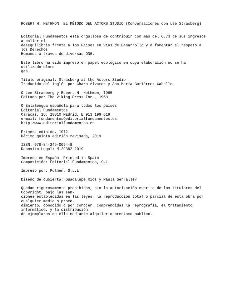 El Método Del Actors Studio (Conversaciones Con Lee Strasberg) - Robert ...