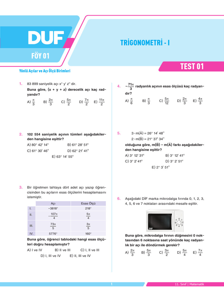 11.sınıf Matematik - DUF - FÖY 1 - Ornek | PDF
