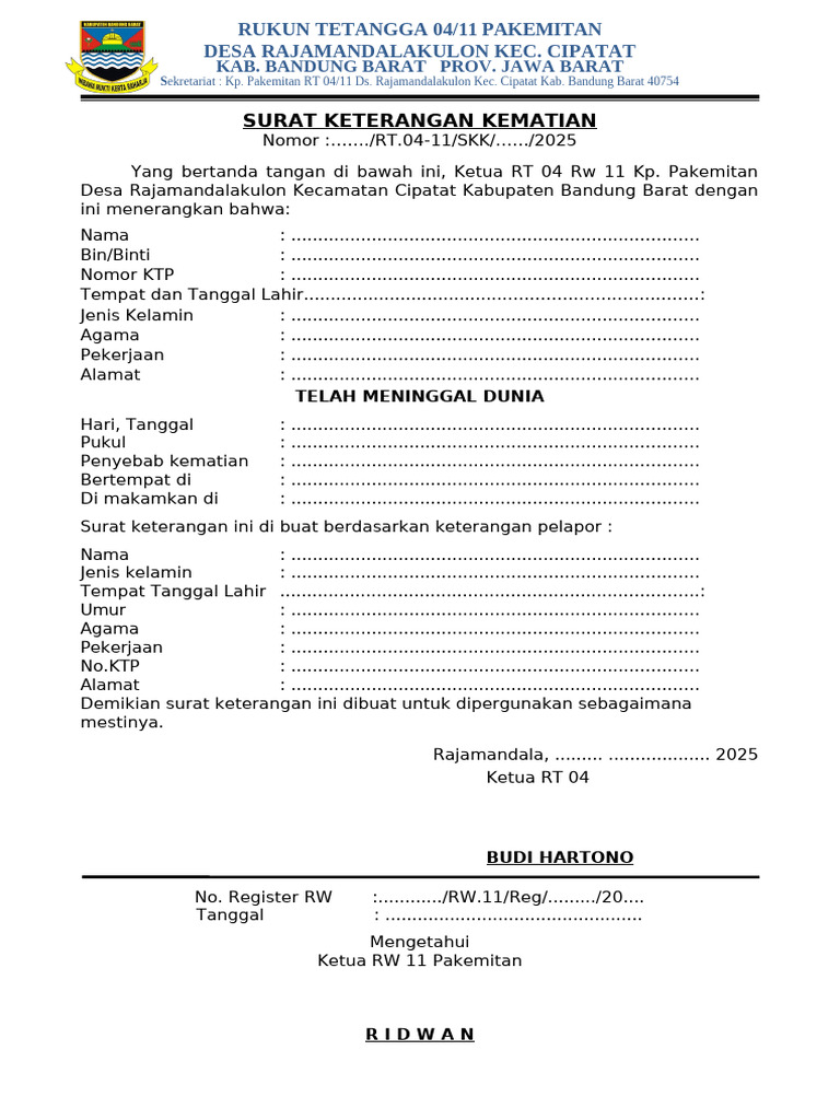 Surat Keterangan RT 04/11 Pakemitan | PDF