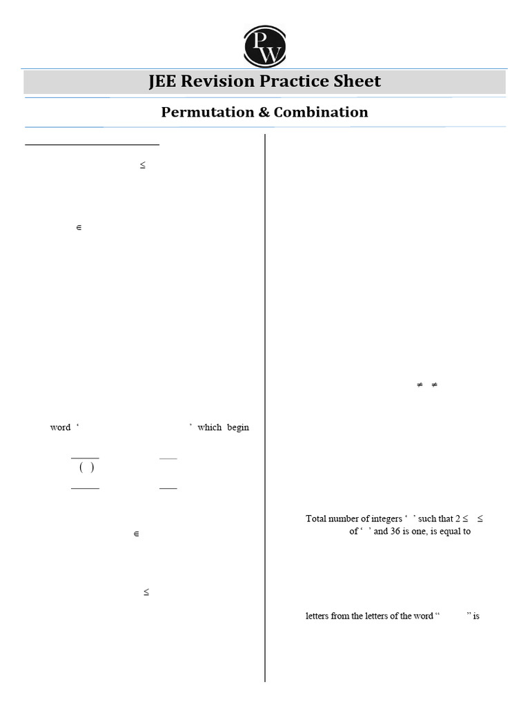 Permutations and Combinations _ Practice Sheet (Main) | PDF | Numbers | Mathematics