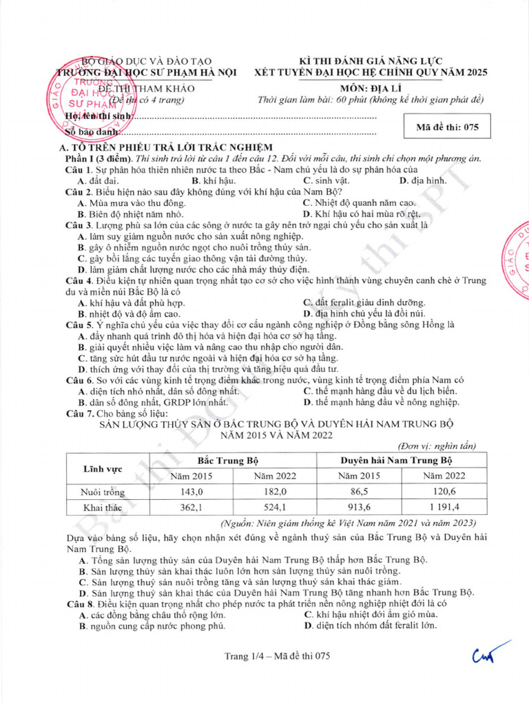 08 de Thi Tham Khao Mon DIA LI Ky Thi SPT 2025. | PDF