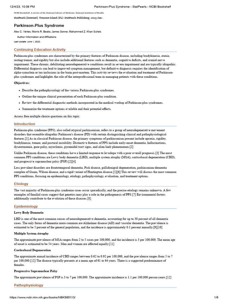 Parkinson-Plus Syndrome - StatPearls - NCBI Bookshelf | PDF | Dementia | Parkinson's Disease