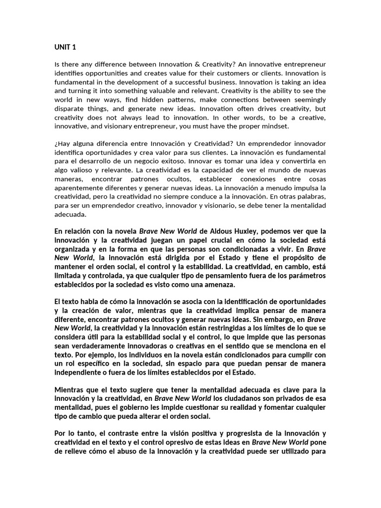 Unit 1 Innovation Resumen Comparado Con BNW | PDF | Creatividad | Pensamiento