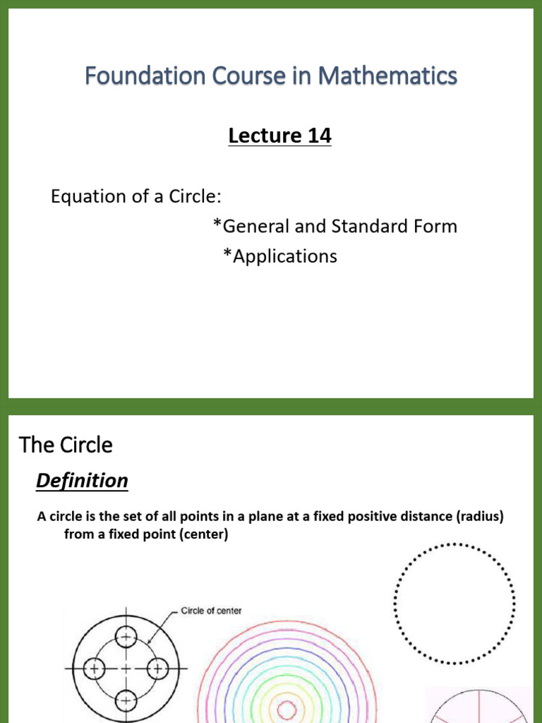 Equation of a Circle: Forms & Applications | PDF | Circle | Pi