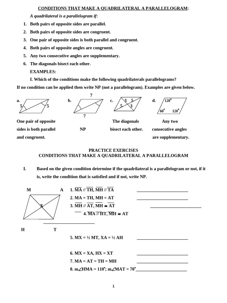 Exercise on Conditions That Make a Quadrilateral a Parallelogram | PDF | Geometric Shapes ...