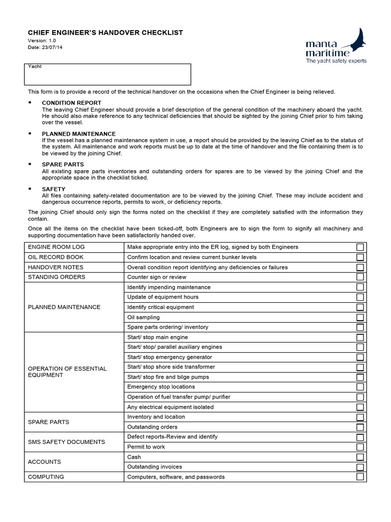 Chief Engineer's Handover Checklist | PDF