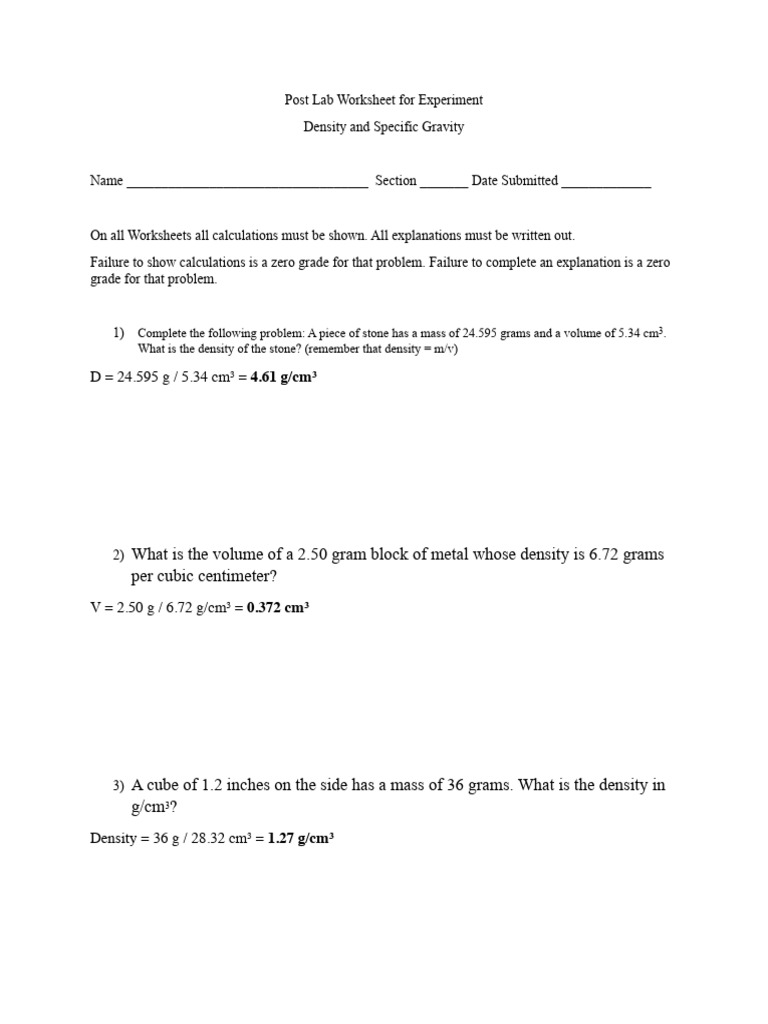 Density Calculations Worksheet | PDF | Density | Litre
