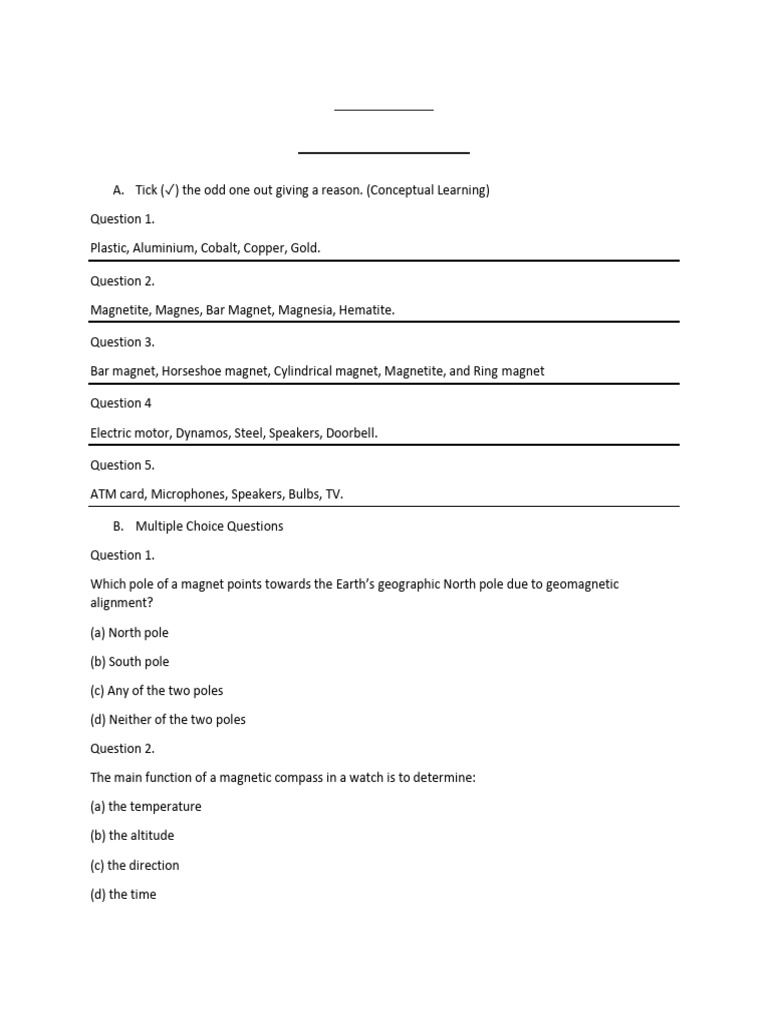 Exploring Magnets - Worksheet Class VI | PDF | Magnet | Magnetism